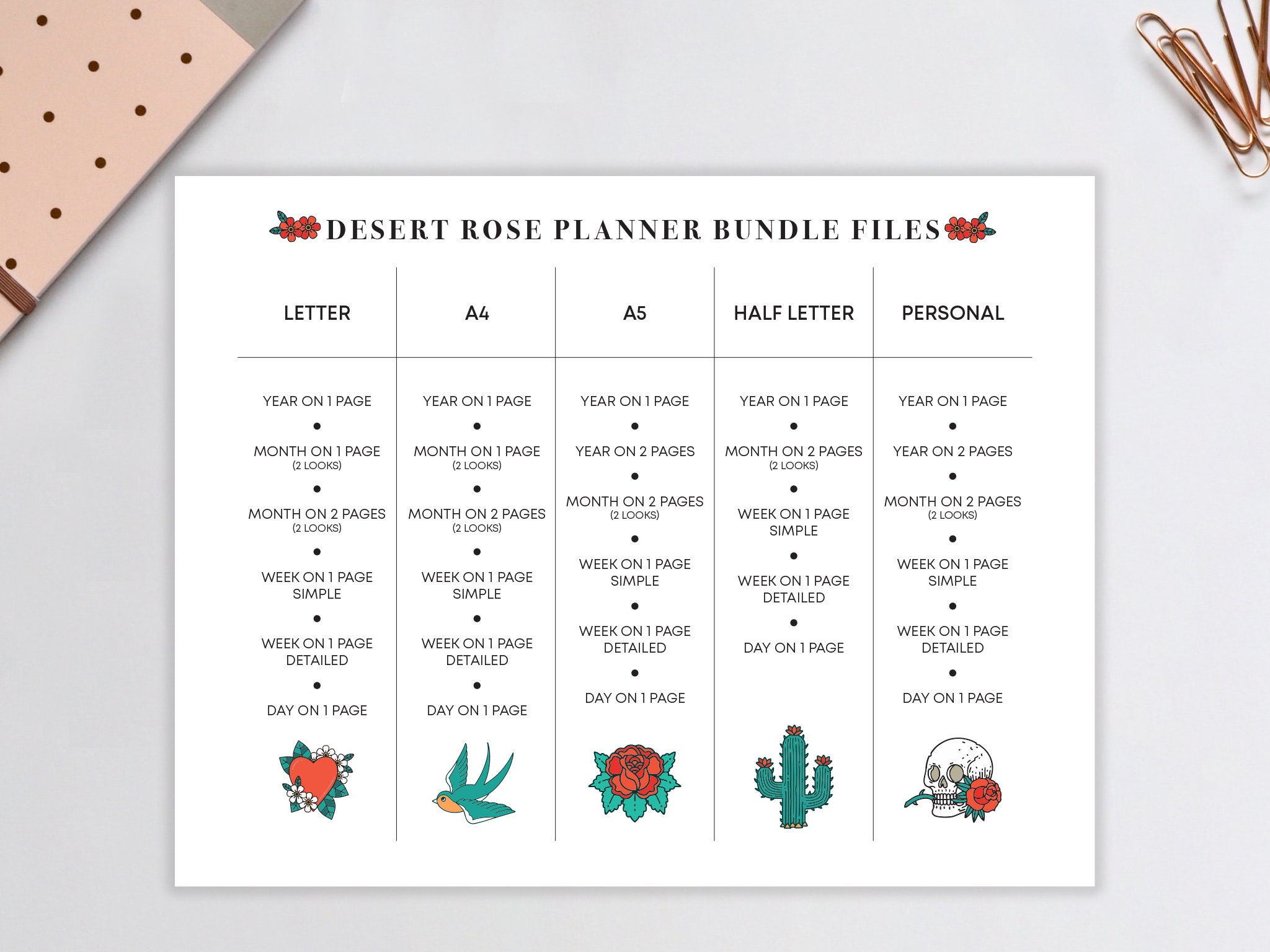 Desert Rose PLANNER PRINTABLE BUNDLE - Undated Monthly, Weekly, Daily ...