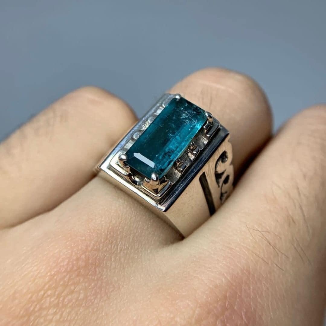 Natural Blue Mens Tourmaline Ring Silver 925 Man Gift Ring Handcrafted ...