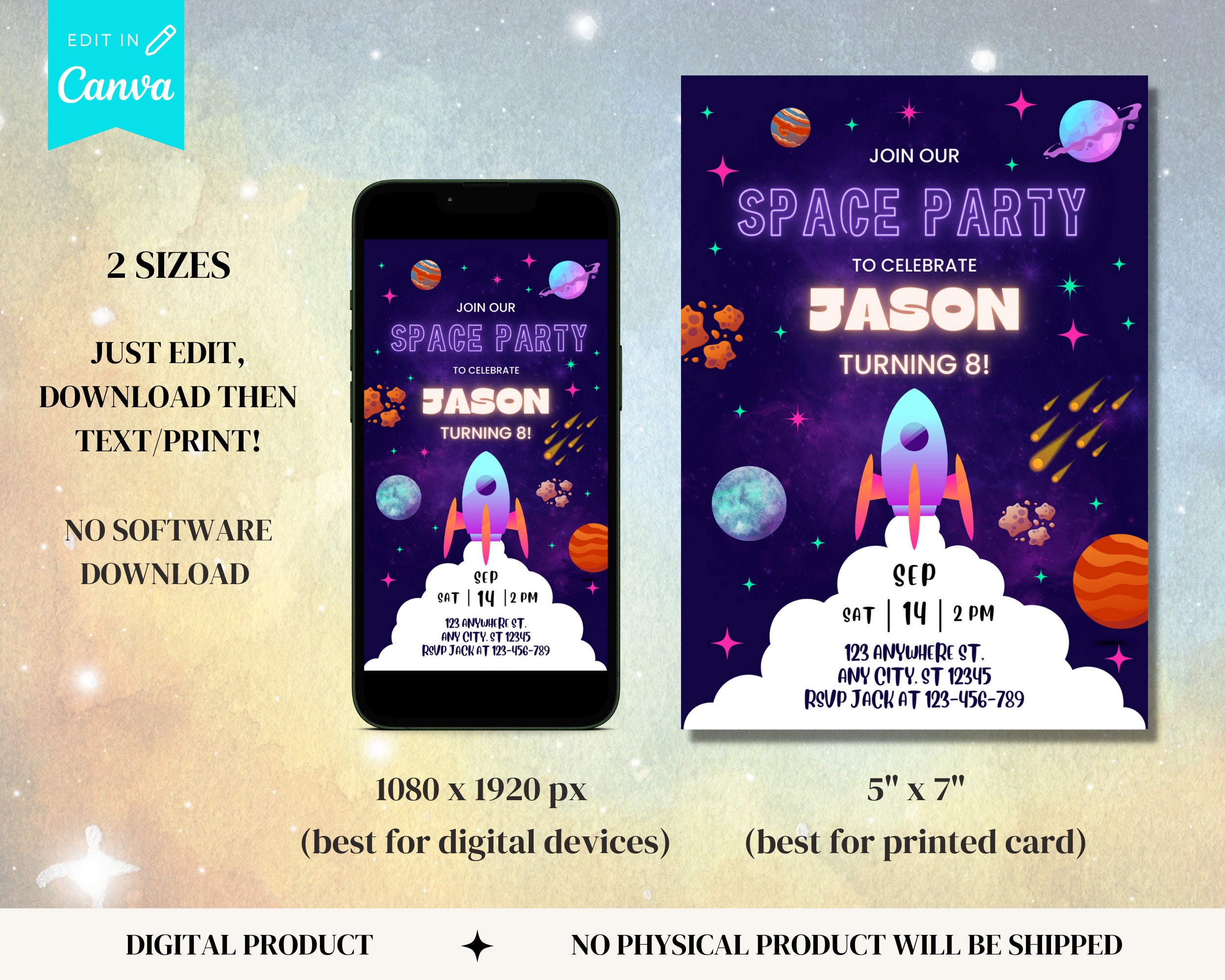 Outer Space Planet Birthday Party Invitation, Electronic Bday Invite ...