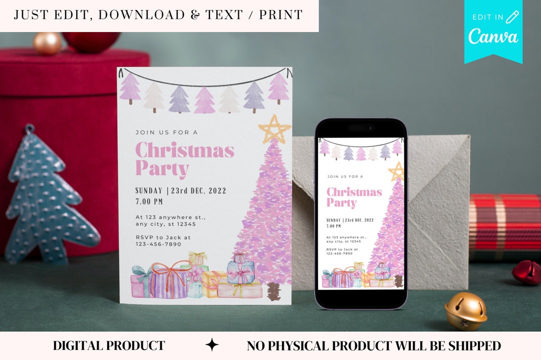 Editable Retro Pink Christmas Tree Digital Christmas Party Invitation ...
