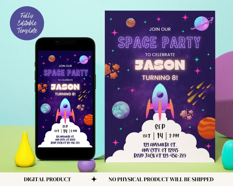 Outer Space Planet Birthday Party Invitation, Electronic Bday Invite ...