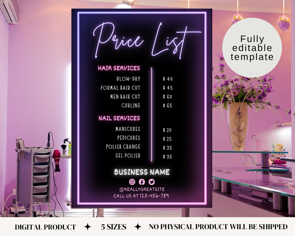 Neon Price List Template DIY Small Business Printable Pricing Guide ...