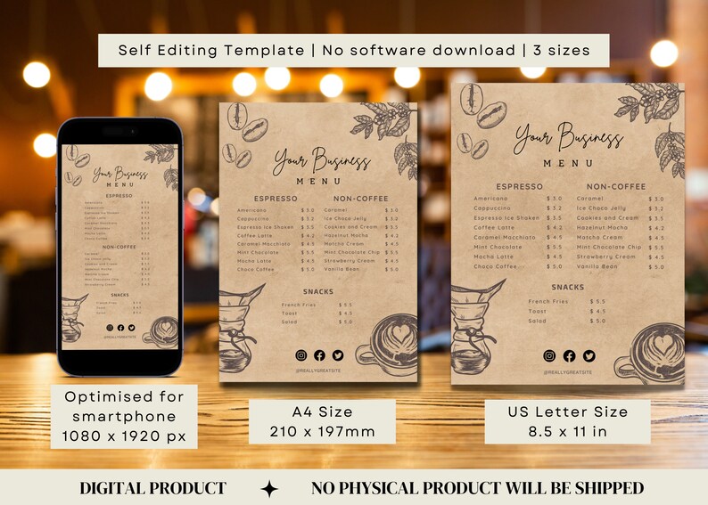 DIY Coffee Shop Menu Template Editable Cafe Menu Template Restaurant ...