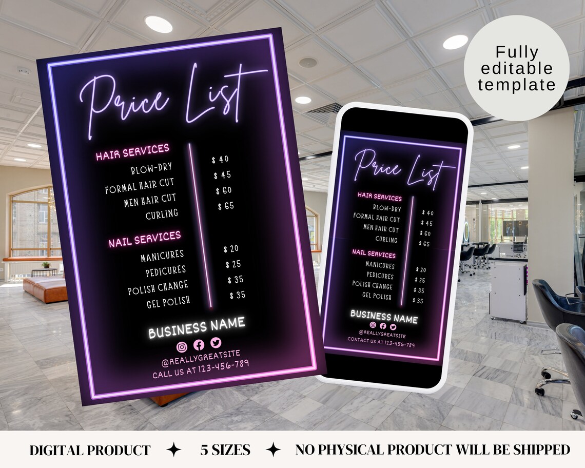 Neon Price List Template DIY Small Business Printable Pricing Guide ...