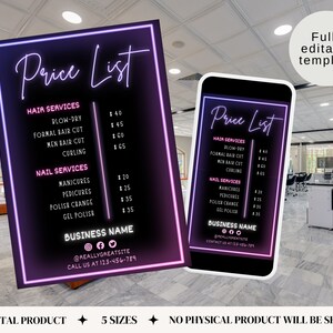 Neon Price List Template DIY Small Business Printable Pricing Guide ...