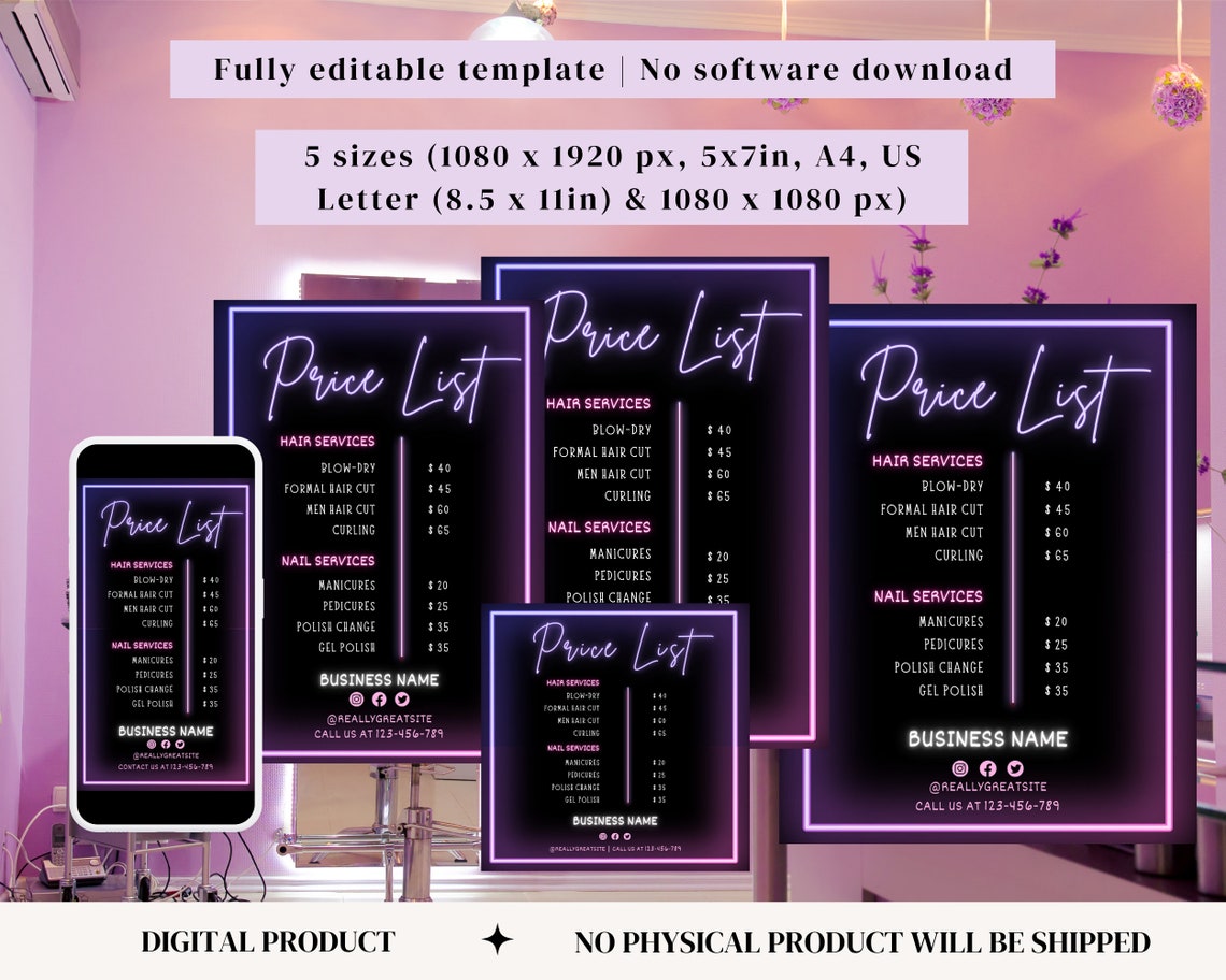 Neon Price List Template DIY Small Business Printable Pricing Guide ...