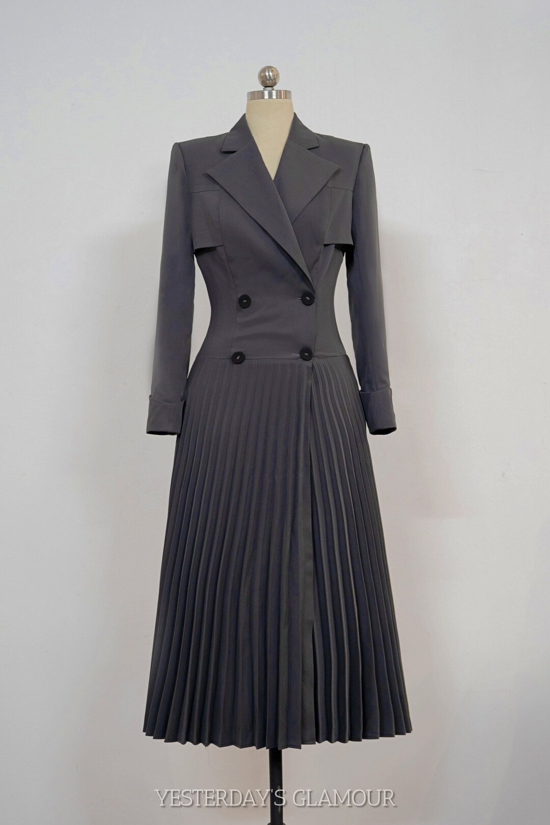 Almira Pleated Trench Coat Dress - Vintage Inspired Swing Long Coat ...