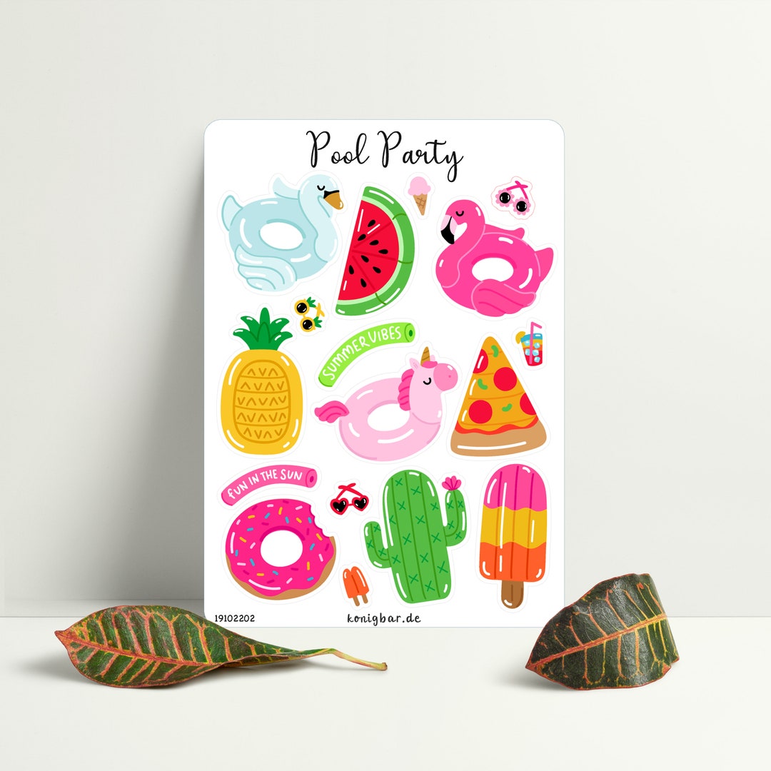 Pool Party Sticker Sheet Flamingos, Pineapples & More Cute Waterproof ...