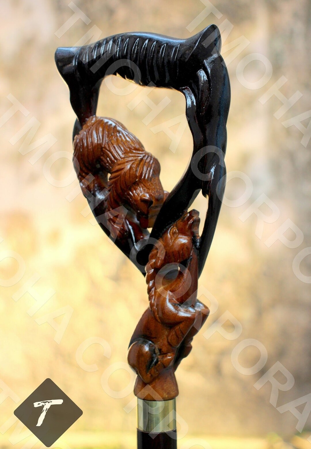 Bear Handle Wooden Walking Stick Handmade Carving Wooden Bear and Deer ...