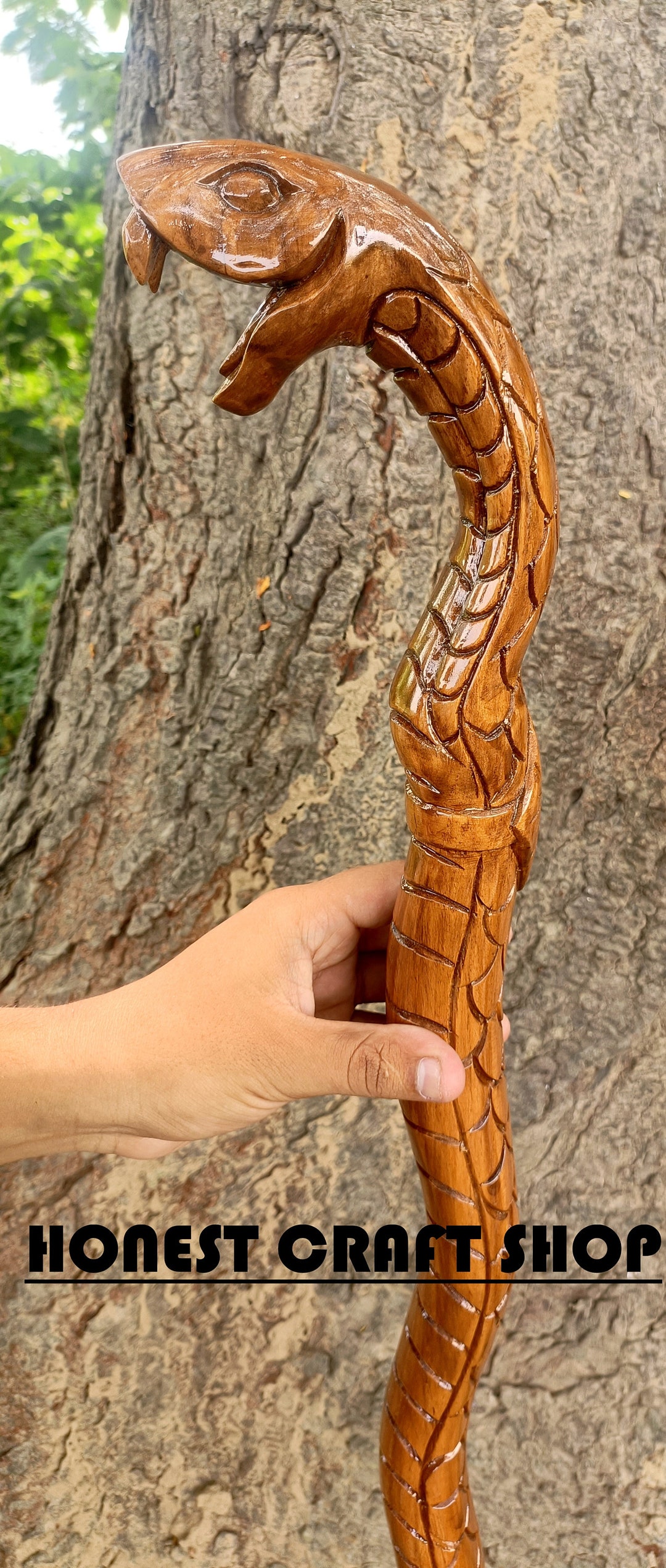 Snake Head Walking Cane Wooden Carving Walking Stick Handmade Cobra ...