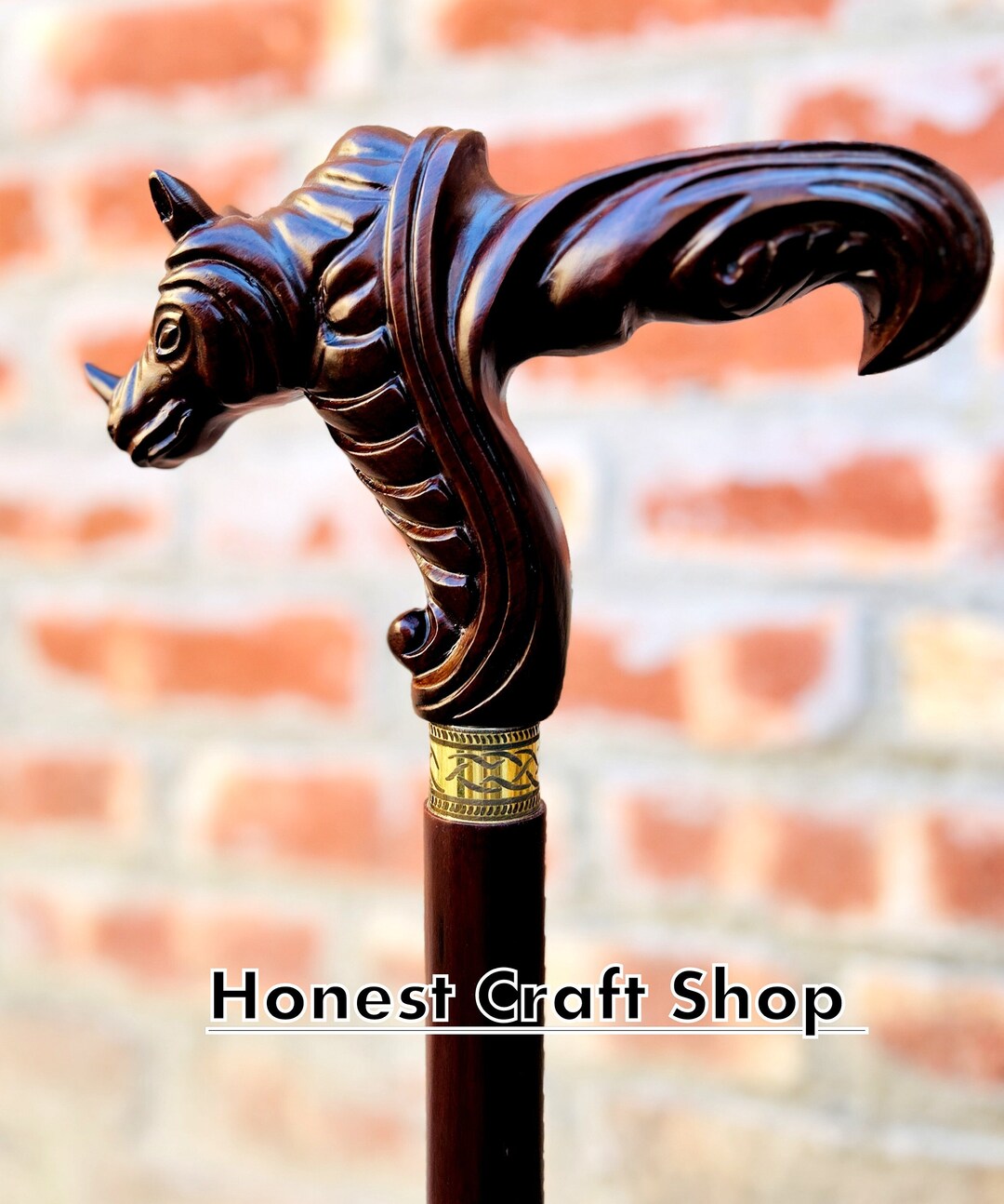 Hand Carved Wooden Walking Cane: African Rhino, Ergonomic Oak Handle - Etsy