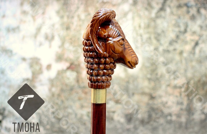 Goat Head Handle Wooden Walking Stick: Handmade Carved Cane - Etsy