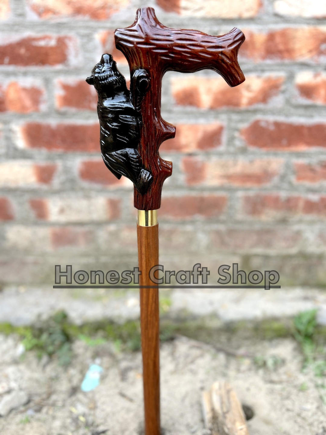 Bear Handle Wooden Walking Stick Handmade Carving Wooden Bear Animal ...