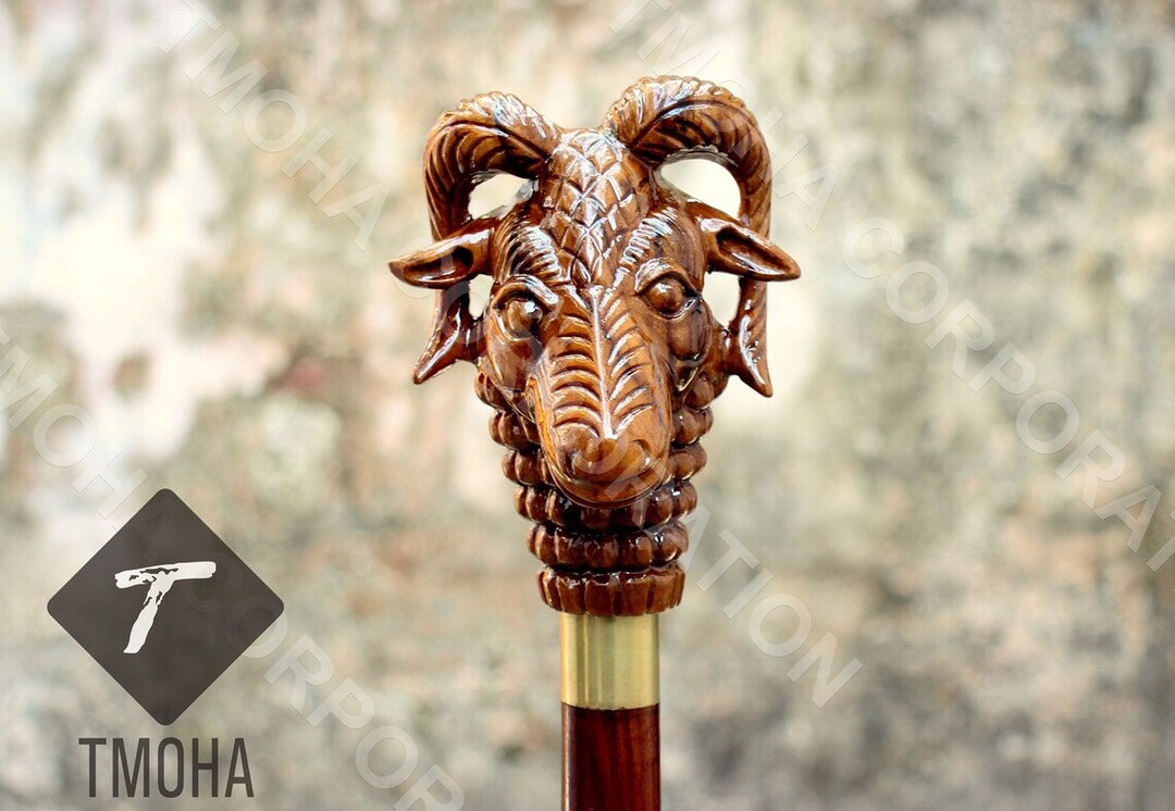 Goat Head Handle Wooden Walking Stick: Handmade Carved Cane - Etsy