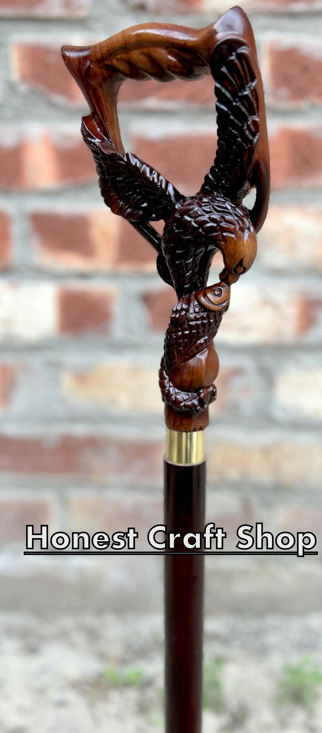 Eagle & Fish Handle Wooden Walking Stick Handmade Carving Wooden Eagle ...