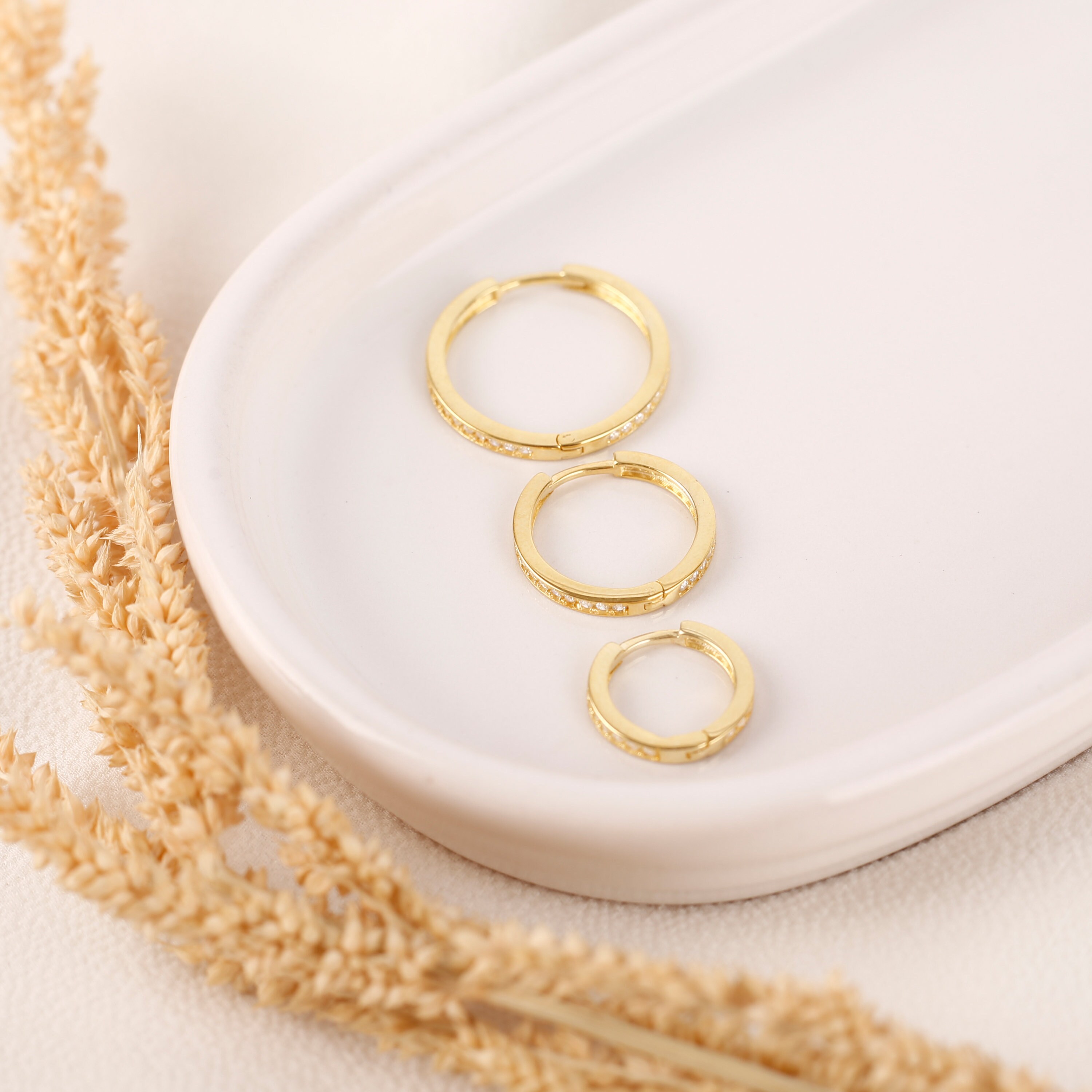 14k Gold Huggies Earrings, 18K Round Hoop Earrings, Engagement Earrings ...