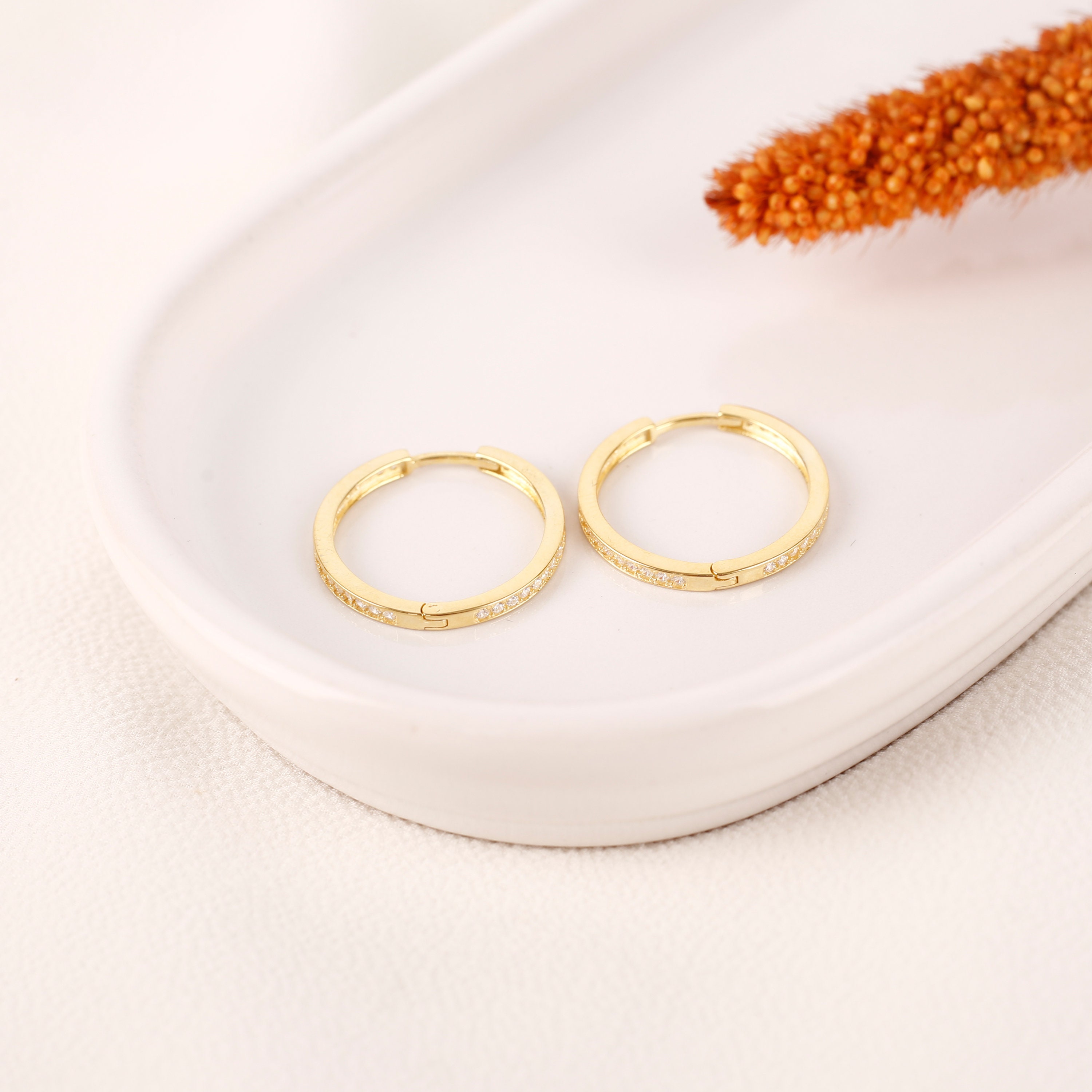 14k Gold Huggies Earrings, 18K Round Hoop Earrings, Engagement Earrings ...