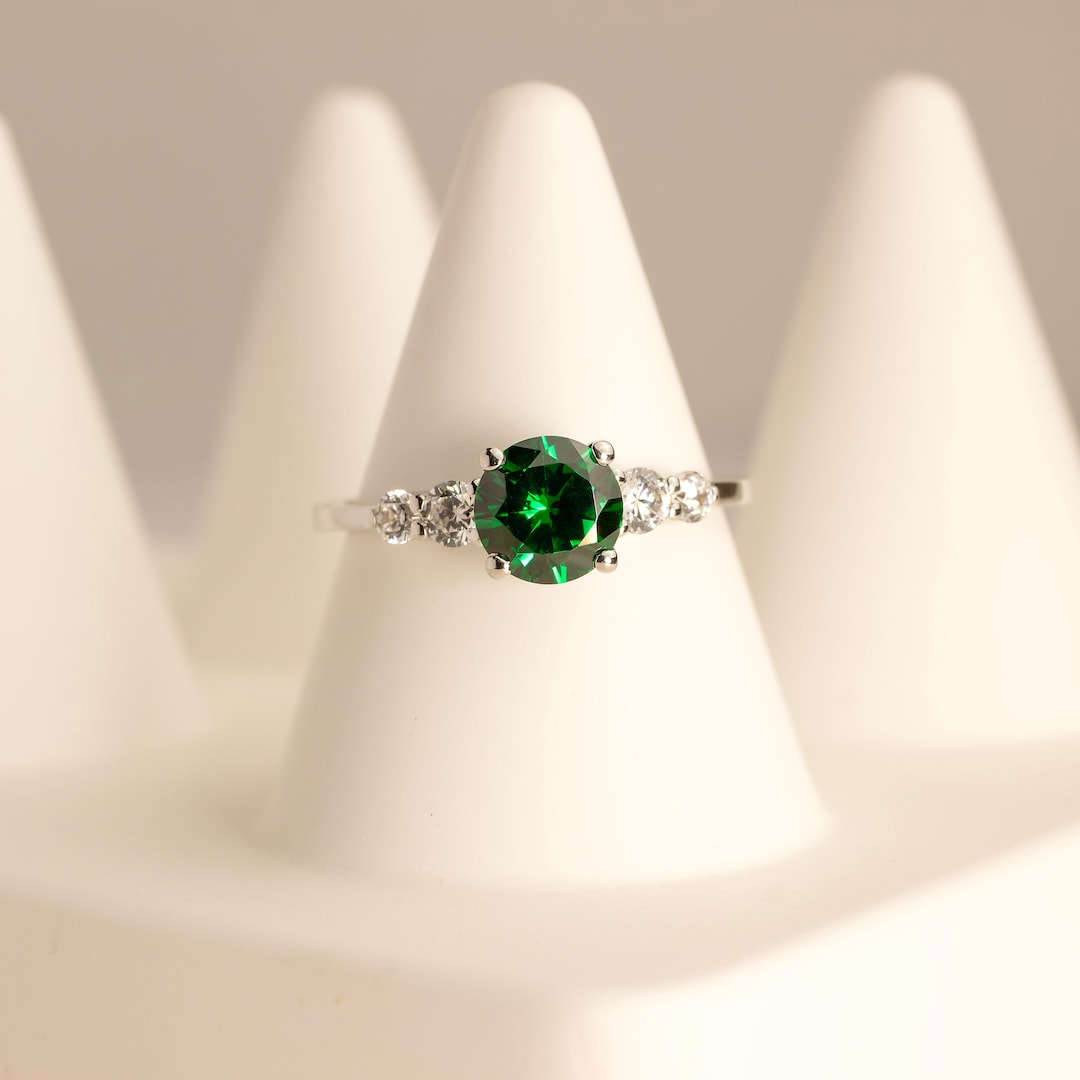 14k Round Emerald Ring • Round Cut Gold Ring • Emerald Birthstone Ring ...