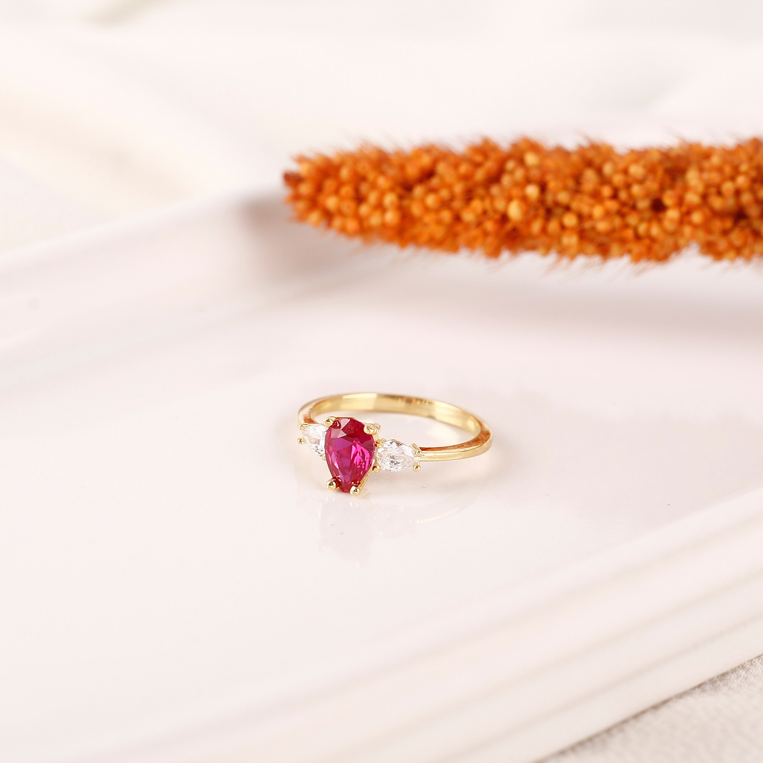 Drop Cut Ruby Gold Ring, 18k Ruby Engagement Ring, Solid Gold Ring ...