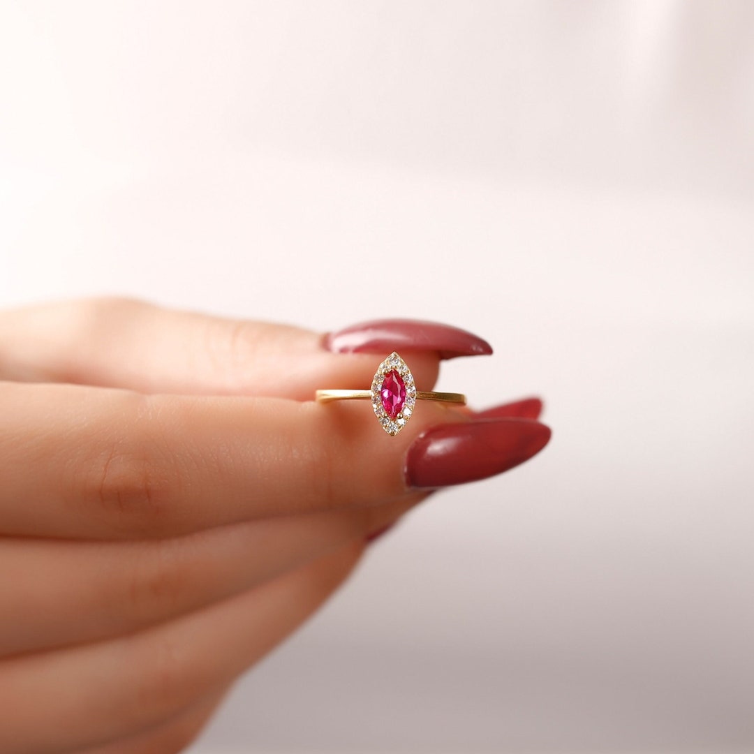 14k Marquise Cut Ruby Ring, 18k July Birthstone Ring, Solid Gold Ruby ...