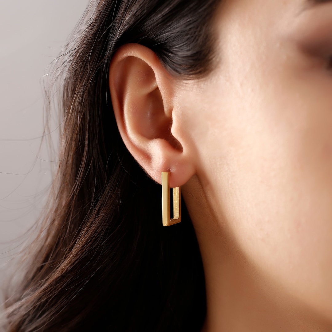 14K Rectangle Hoop Earrings, 18K Rectangle Earrings, Geometric Gold ...
