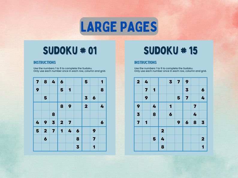 50 Easy Sudoku Puzzles for Seniors, Adults and Kids, Fun Printable ...
