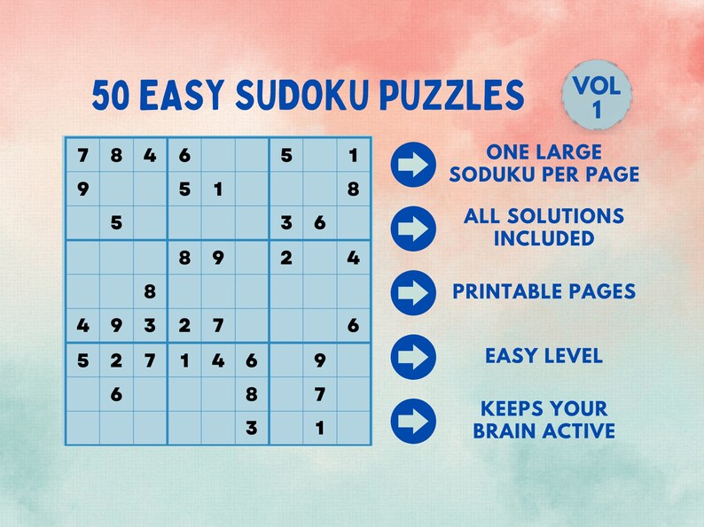 50 Easy Sudoku Puzzles for Seniors, Adults and Kids, Fun Printable Sudoku Puzzles, Sudoku Game ...