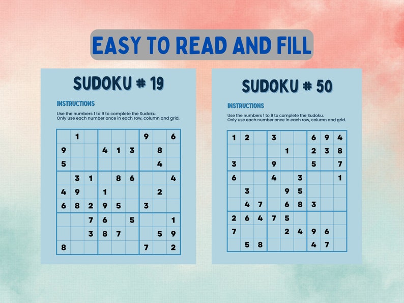 50 Easy Sudoku Puzzles for Seniors, Adults and Kids, Fun Printable ...
