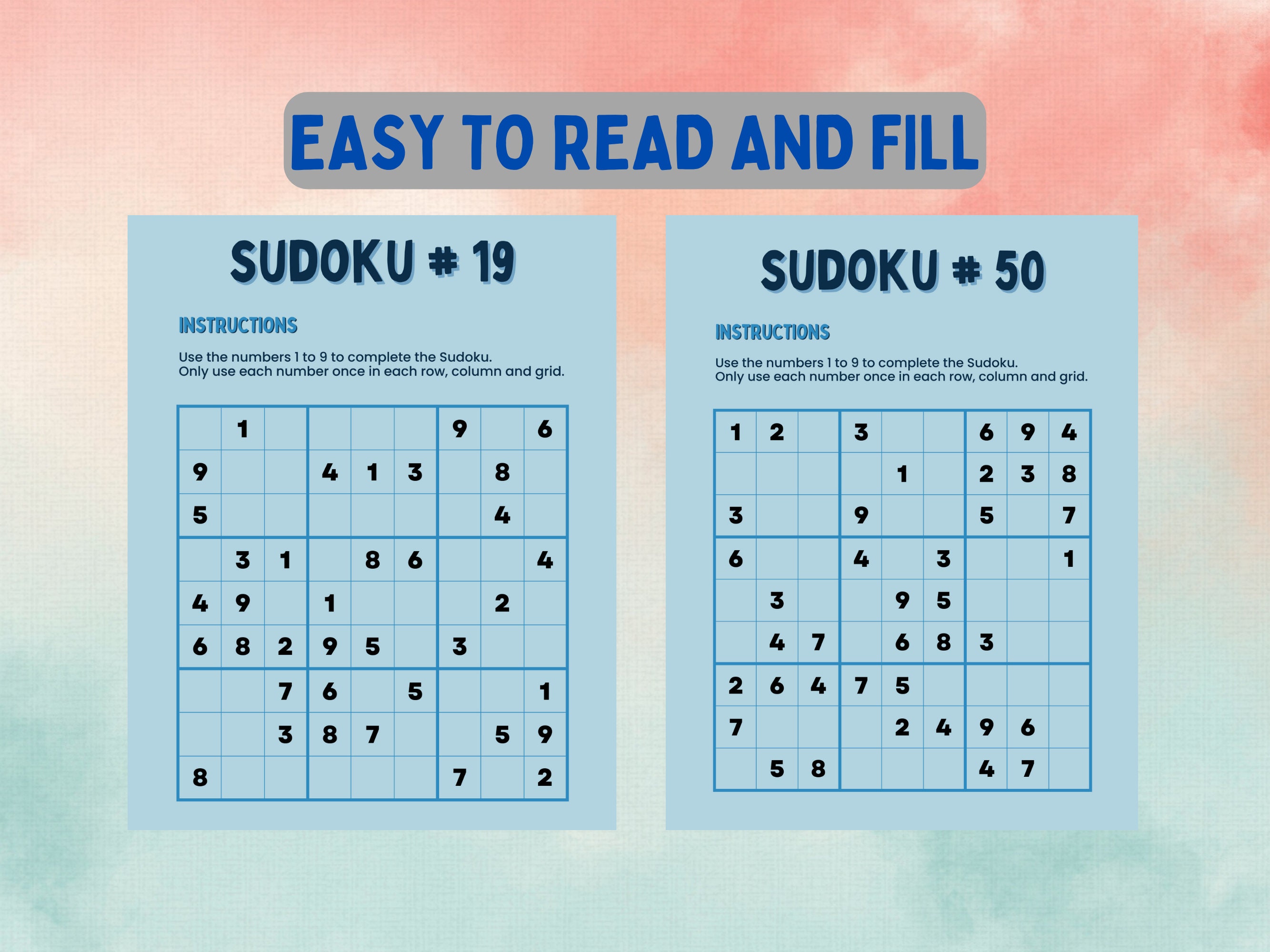 50 Easy Sudoku Puzzles for Seniors, Adults and Kids, Fun Printable ...