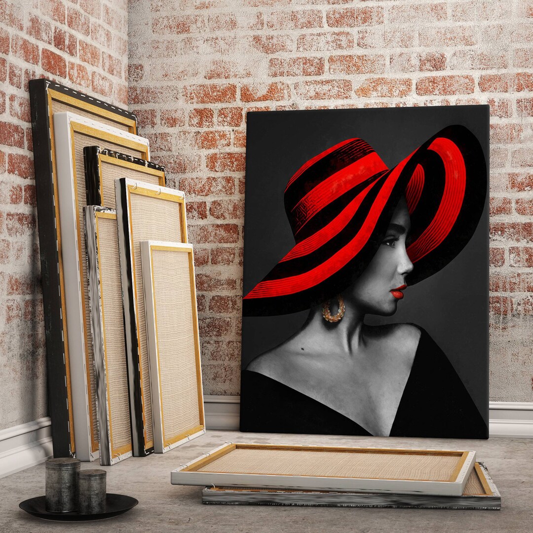Canvas Painting Fashion Girl,woman in Red Hat Poster Decorative,picture ...