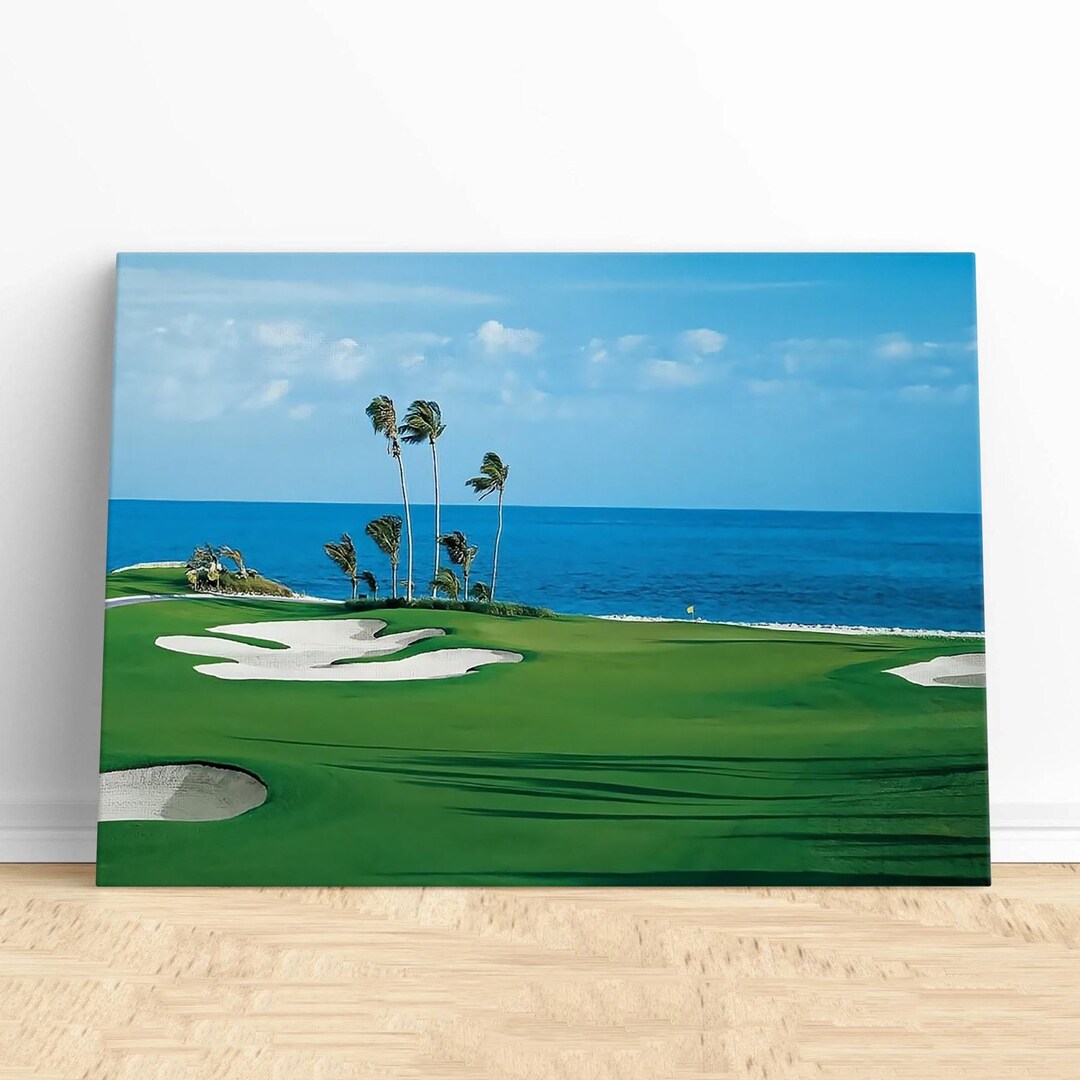 Golf Hole in a Grass Ocean View Canvas,serene Coastal Golf Scene,golf ...