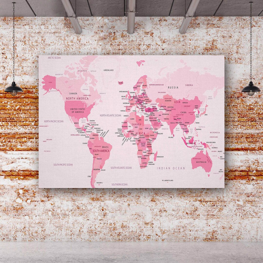 Pink World Map Canvas Wall Art Painting, Canvas Wall Art, Map Canvas ...