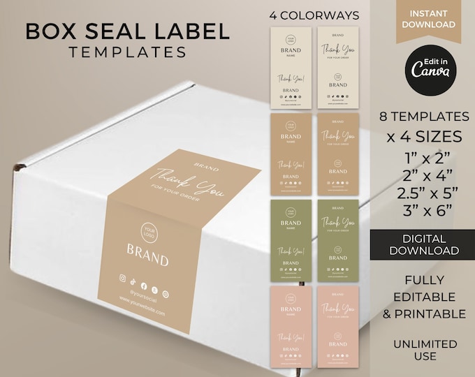 CANVA Box Seal Label Template, 3 SIZES Bakery Cake Box Editable Box ...
