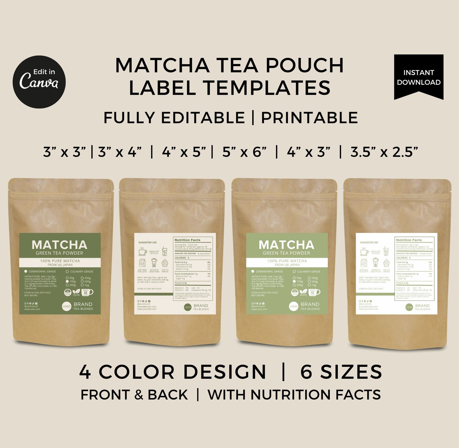 Matcha Tea Labels Template Editable Canva, Matcha Powder Tea Bag Label ...