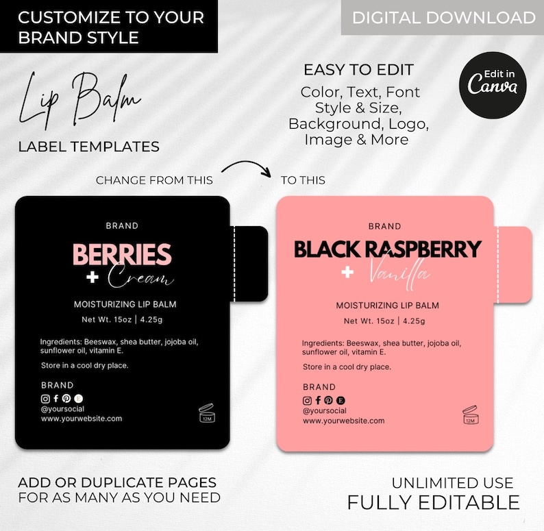 Editable Lip Balm Labels Template Canva, Printable Lipbalm Tube Label ...