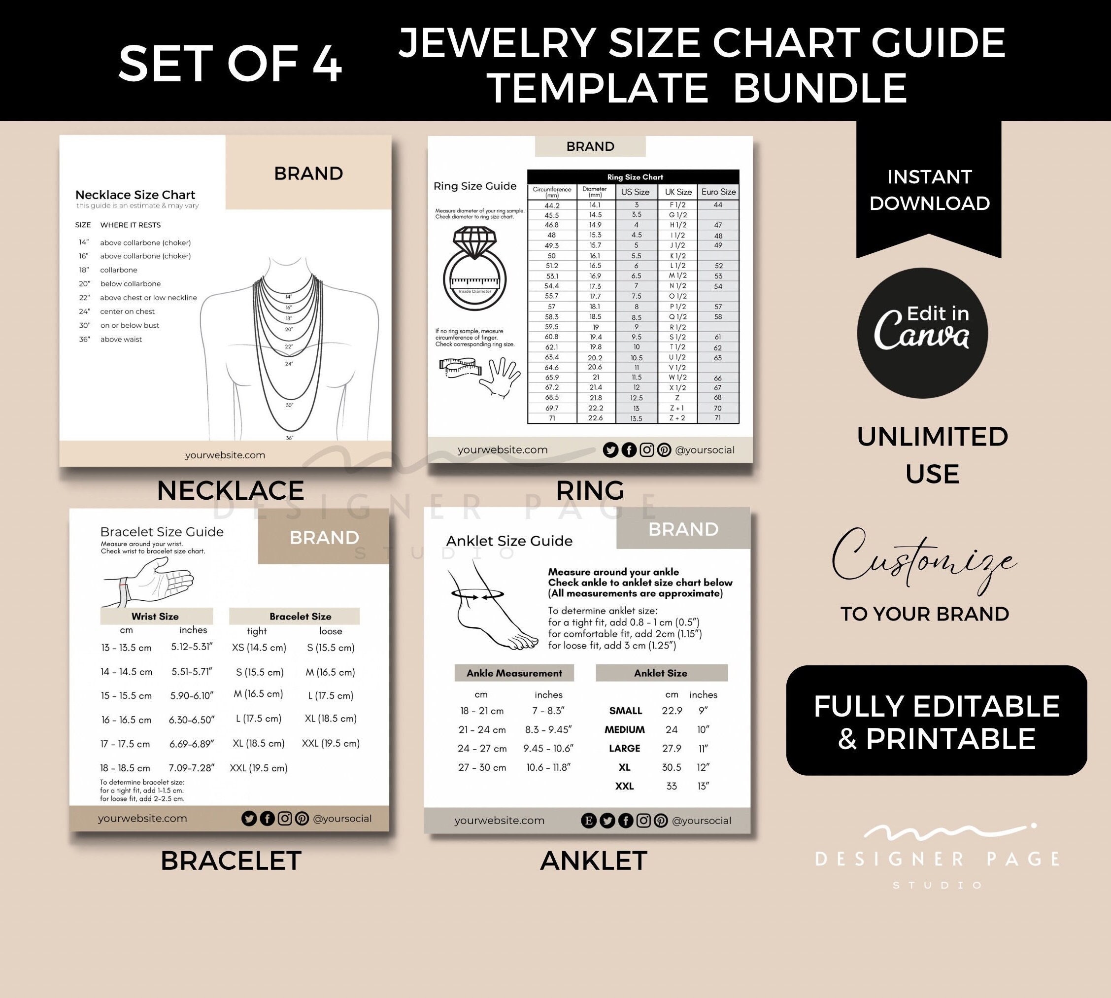 Necklace Size Chart Template Canva, Editable Jewelry Size Guide ...