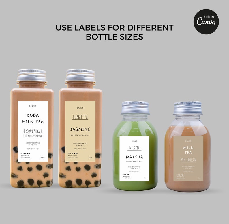 Editable Boba Milk Tea Bottle Labels Template Canva, Drinks Label ...