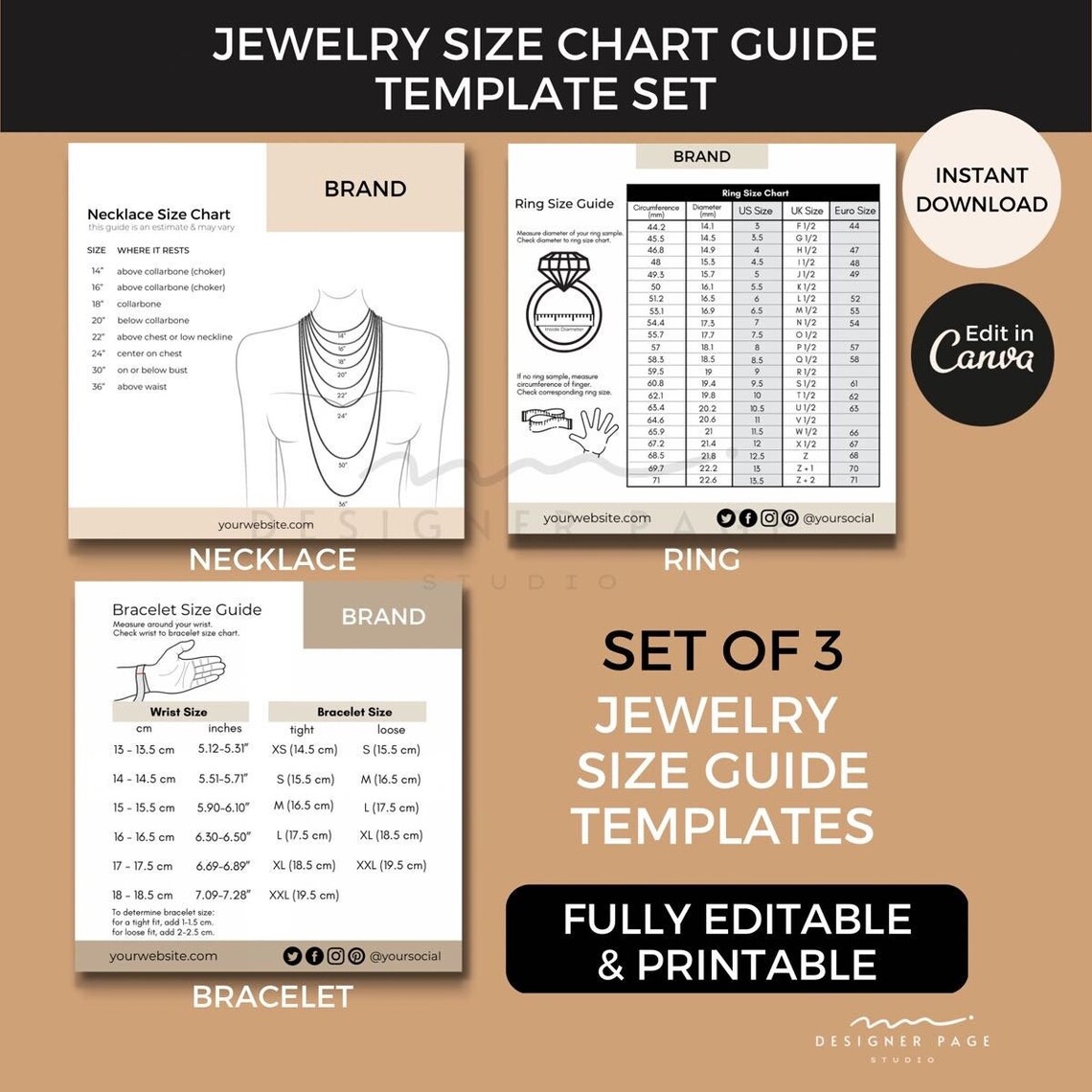 Necklace Size Chart Template Canva, Editable Jewelry Size Guide ...