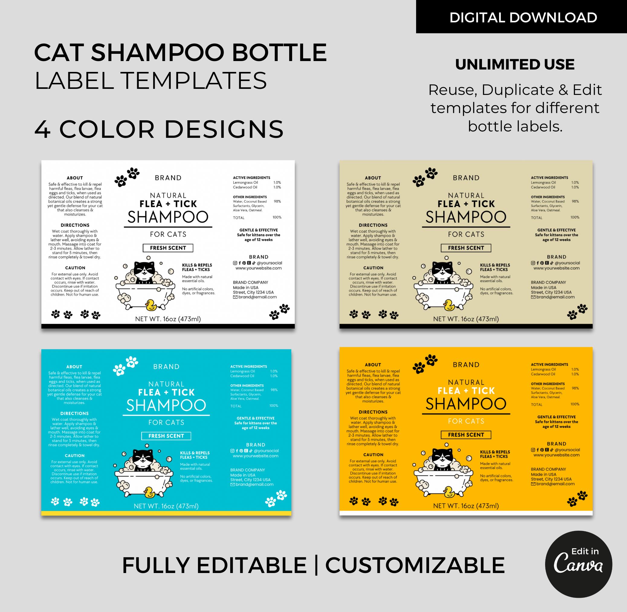 Cat Shampoo Bottle Labels Template Editable Canva, Anti Flea & Tick ...