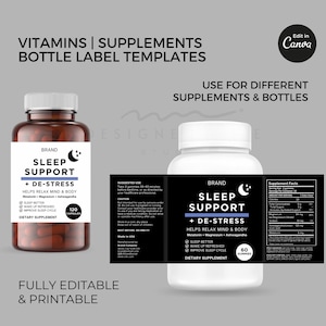 Vitamins Supplements Bottle Labels Template Canva Editable, Printable ...