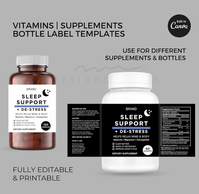 Vitamins Supplements Bottle Labels Template Canva Editable, Printable ...