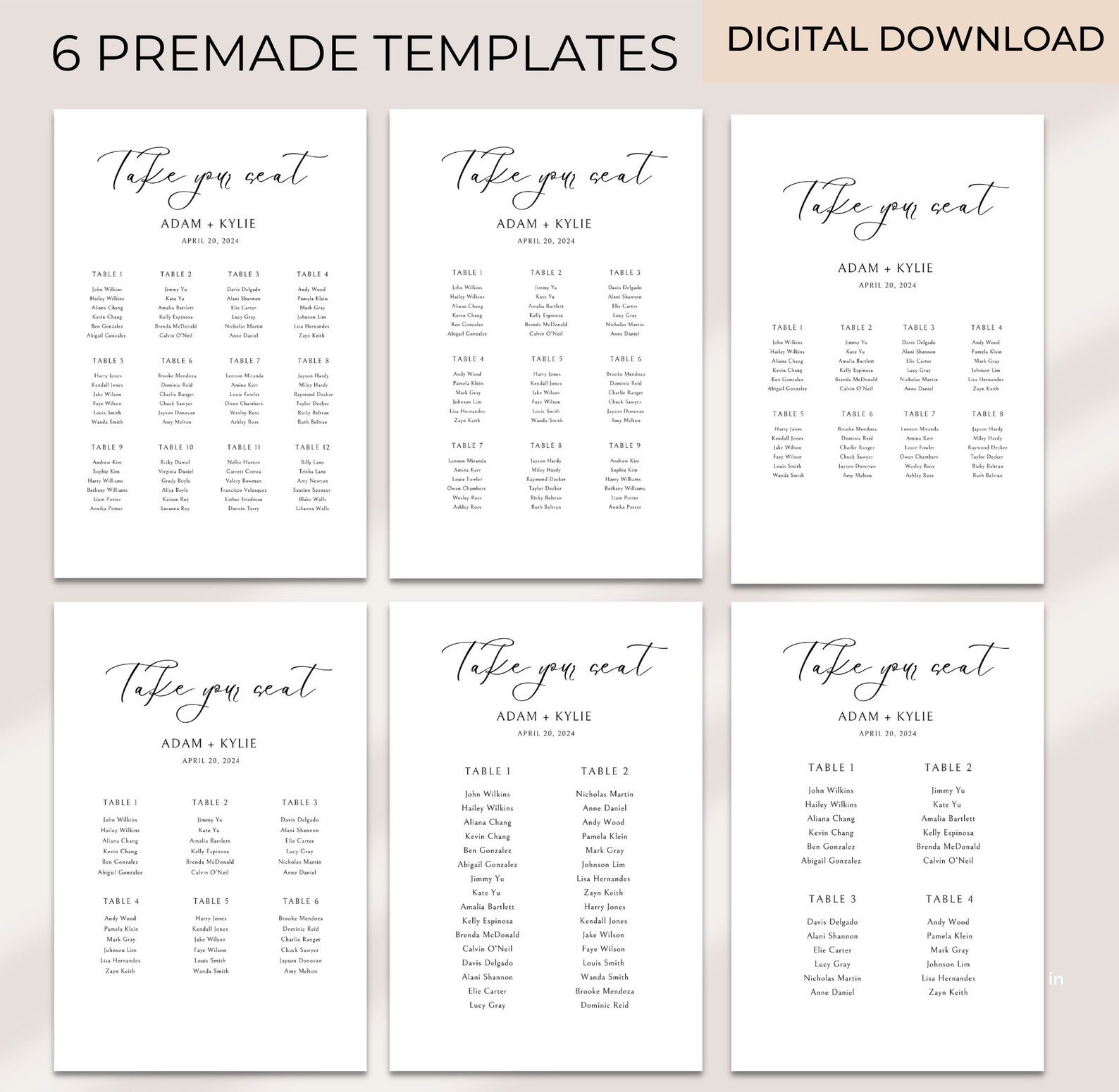 Editable Wedding Guest Seating Chart Template Canva, Printable Wedding ...