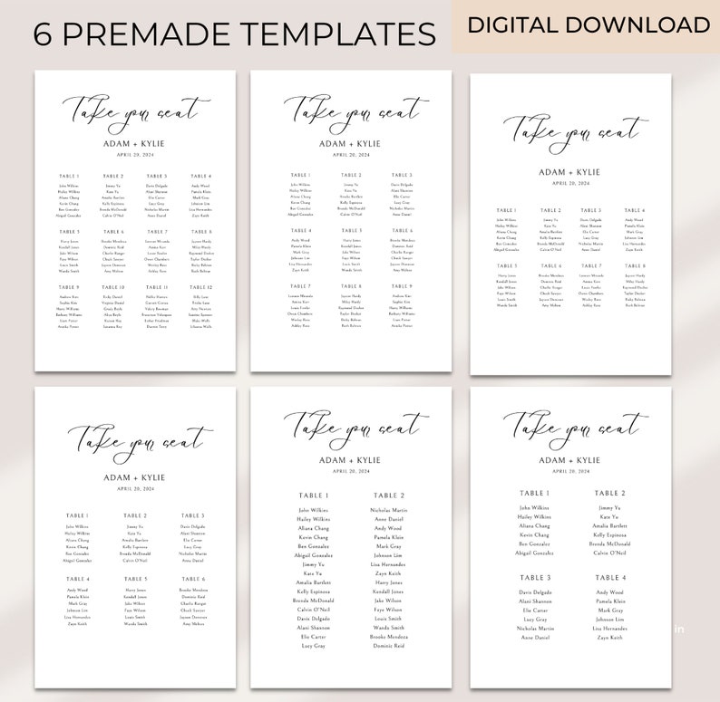 Editable Wedding Guest Seating Chart Template Canva, Printable Wedding ...