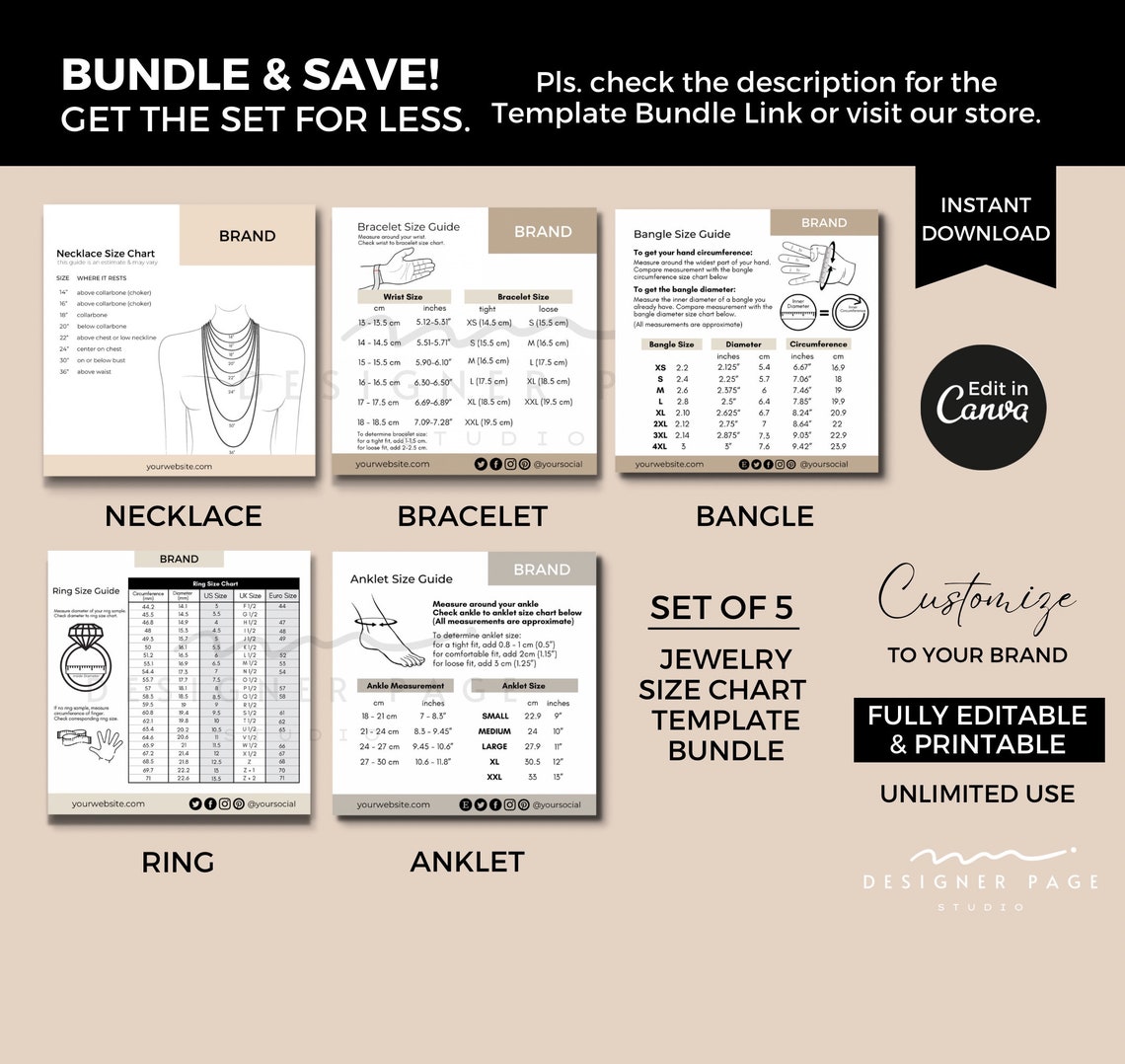 Editable Bangle Size Chart Template Canva, Printable Bracelet Size ...
