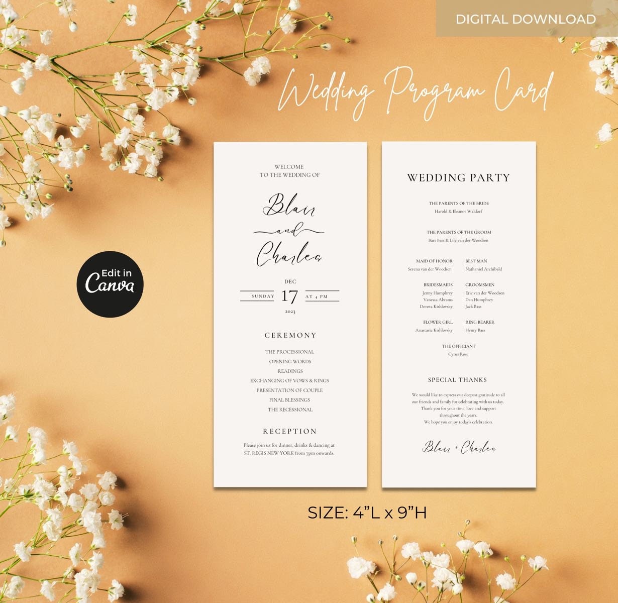 Elegant Wedding Ceremony Program Card Template Canva, Printable Wedding ...