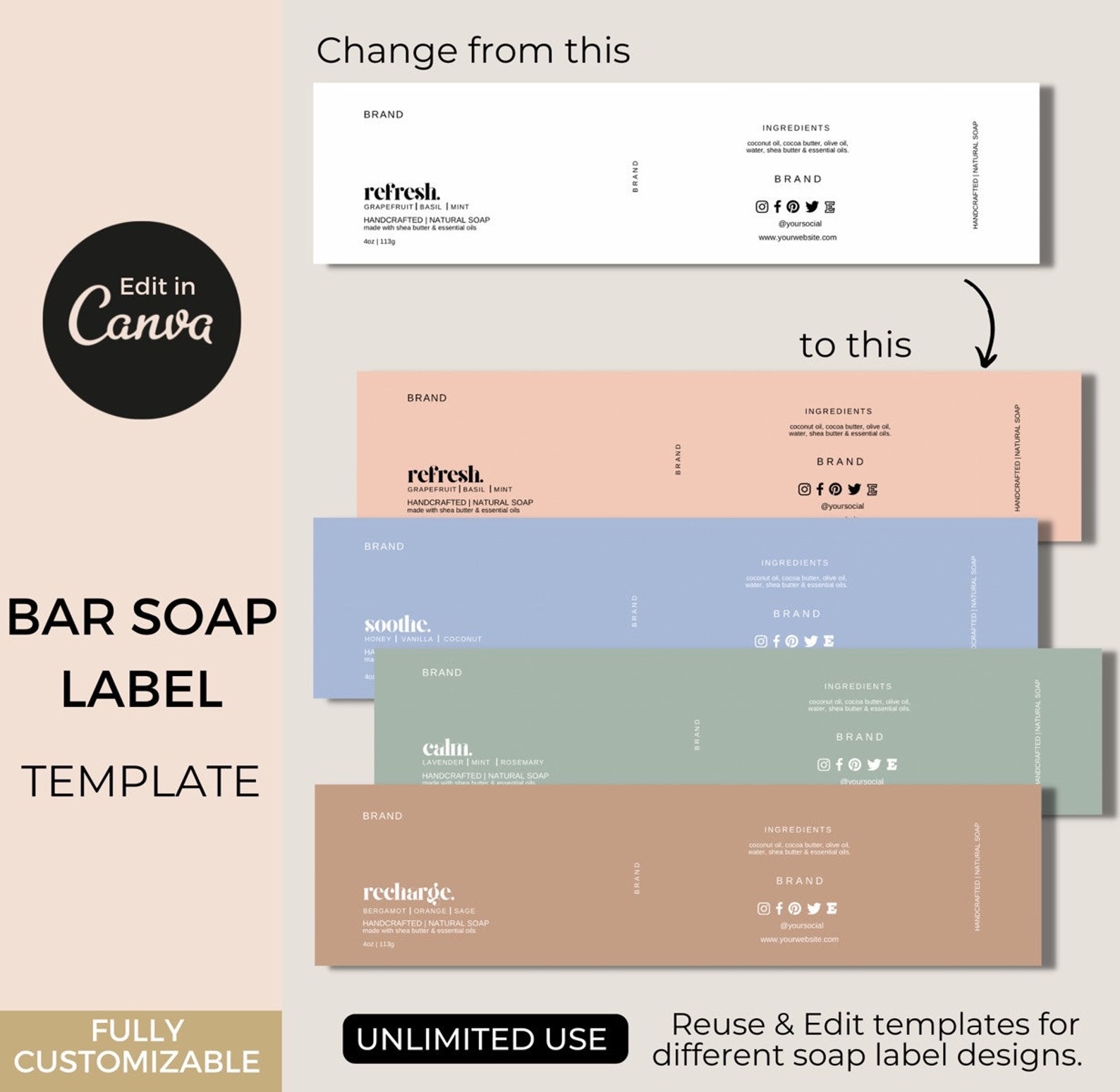 Bar Soap Label Template Canva Editable, Soap Labels Printable, Wrap ...