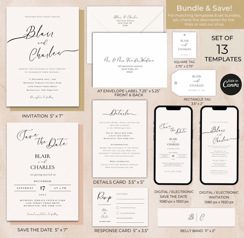 Editable Modern Wedding Program Card Template Canva, Printable Wedding ...