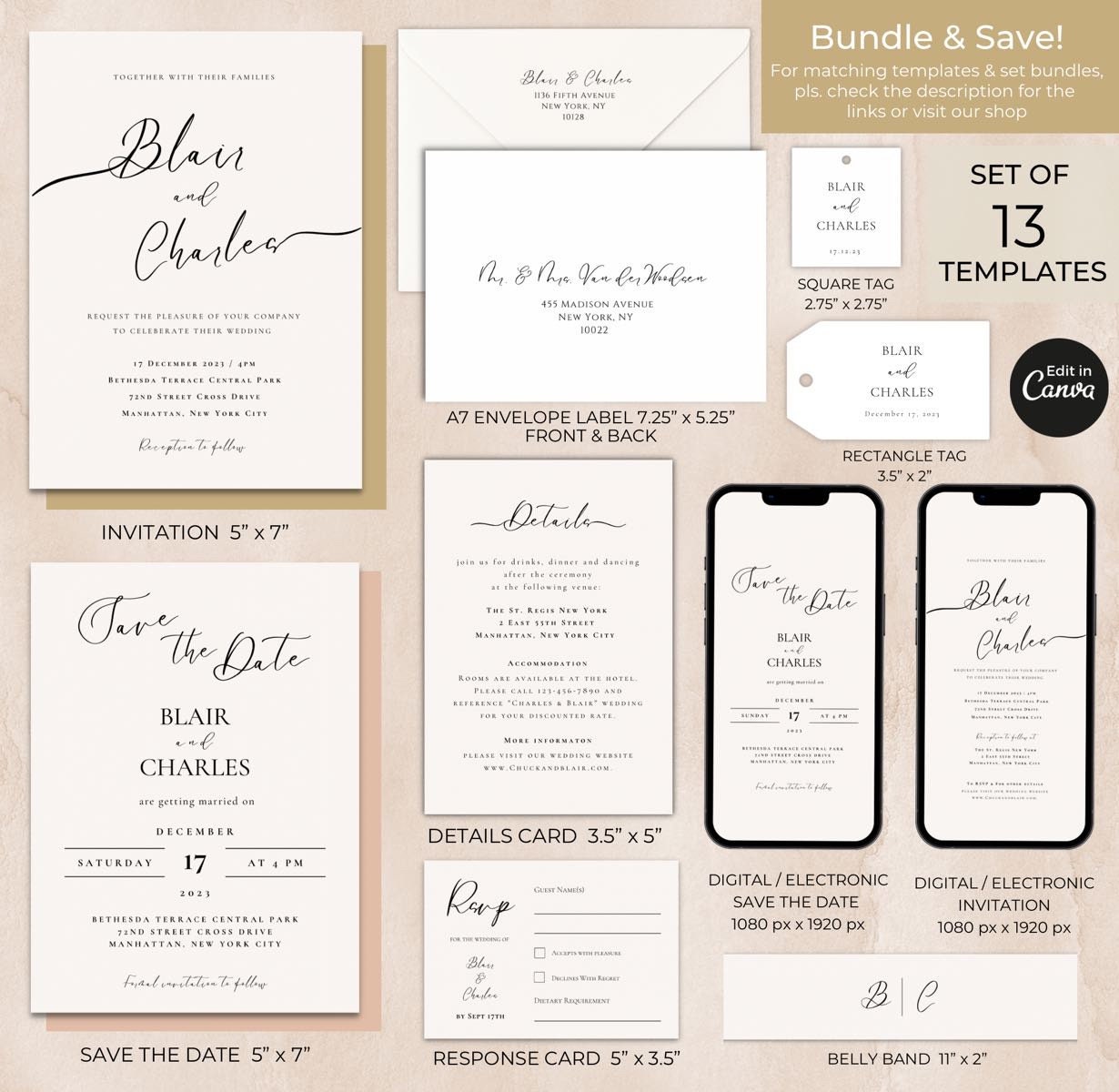 Editable Modern Wedding Program Card Template Canva, Printable Wedding ...