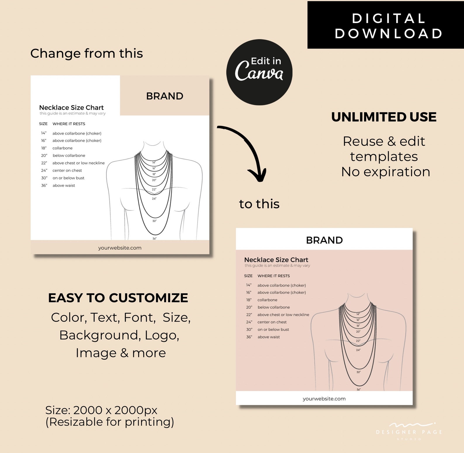 Necklace Size Chart Template Canva, Editable Jewelry Size Chart Set ...