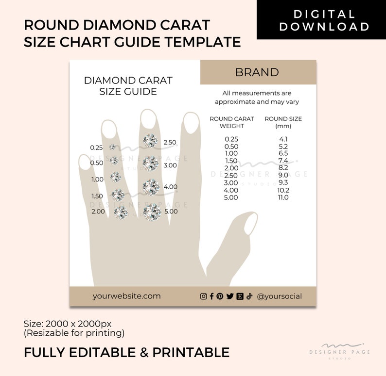 Editable Diamond Carat Size Chart Template Canva, Printable Round ...